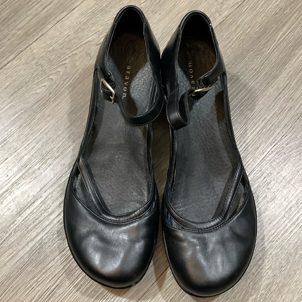 Aravon Mia Black Leather Mary-Jane Strap Low Heels Sh… - Gem